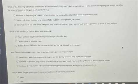 Solved Which Of The Following Is The Topic Sentence For This