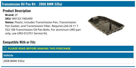 2008 Bmw 535xi Transmission Oil Pan Kit Zf W0133 1965490