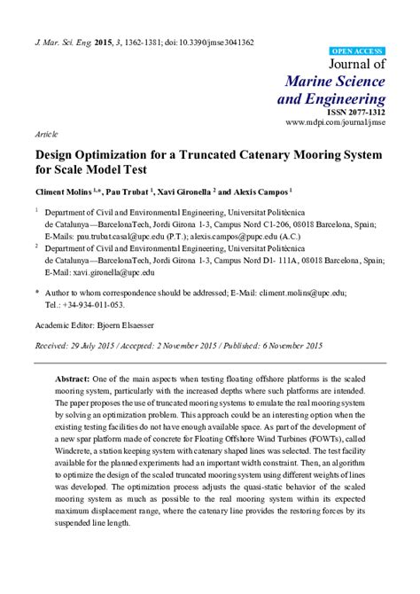 Pdf Optimizing Truncated Mooring Systems For Offshore Platform Testing