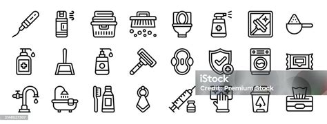 24 개요 웹 위생 및 소독 아이콘 세트 같은 탐폰 공기 청정기 세탁 브러시 화장실 스프레이 창 청소기 보고서 프리젠 테이션 다이어그램 웹 디자인 모바일에 대 한 벡터