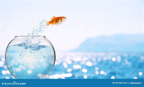Goldfish Leaps Out Of The Aquarium To Throw Itself Into The Sea Stock Illustration