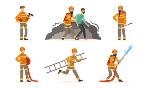 호스 벡터 세트에서 사다리를 들고 물을 분사 하는 유니폼에 남자 소방관 소방관에 대한 스톡 벡터 아트 및 기타 이미지 소방관 일러스트레이션 가공의 인물 Istock