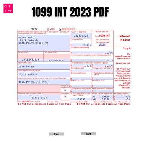 1099 Int Form Pdf Template 2024 2023 With Print And Clear Buttons Etsy