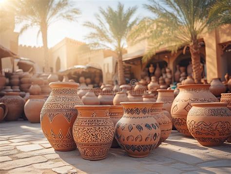 Handcrafted Clay Pots In A Traditional Middle Eastern Bazaar Stock