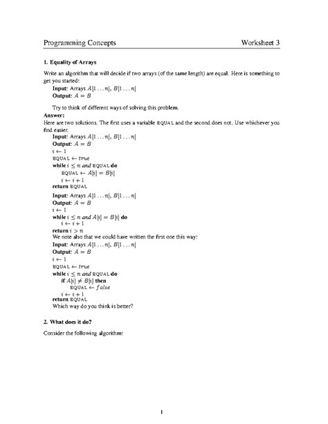 Worksheet 3 Ans Programming Concepts Worksheet 3 Equality Of Arrays Write An Algorithm That