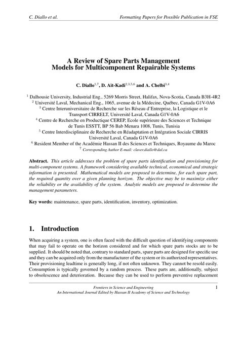 Pdf A Review Of Spare Parts Management Models For Multicomponent Repairable System