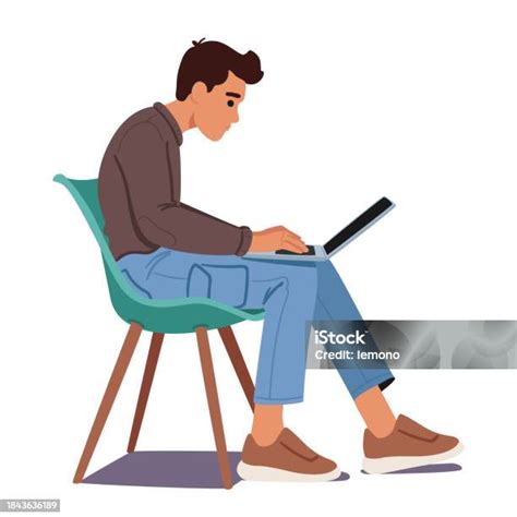 남자 표시한다 가난한 몸 자세 동안 사용하는 휴대용 퍼스널 컴퓨터 초대하는 불편함 와 잠재적인 건강 문제점 벡터 일러스트 안좋은