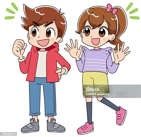 Мальчик И Девочка С Радостью Смотрят Влево — стоковая векторная графика и другие изображения на