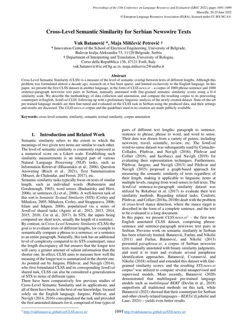PDF Cross Level Semantic Similarity For Serbian Newswire Texts