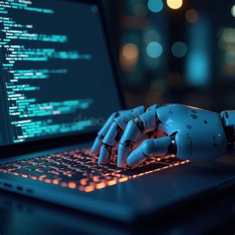 Robot Hand Typing On Keyboard With Glowing Code Lines Futuristic