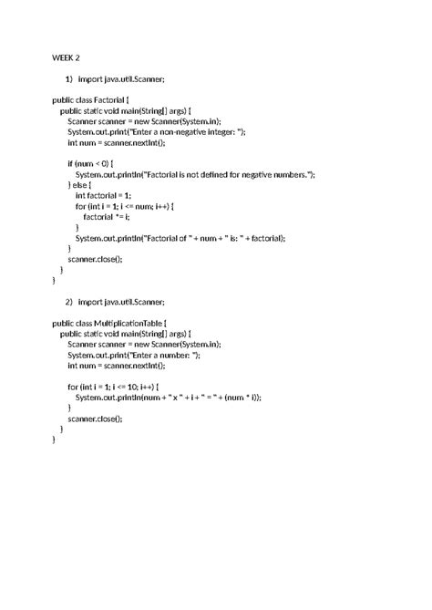 Week 2 App Practice Assignments Week 2 Import Javautil Public Class Factorial Public