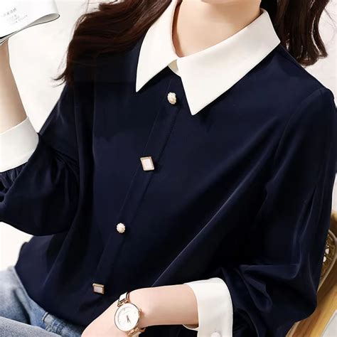 유투미월드 ♥당일 출고♥ 우아한 패션 하라주쿠 슬림핏 블라우스 패치워크 단추 폴로 칼라 긴팔 상의 루즈한 올 매치 여성 의류