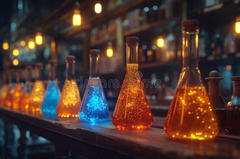 Row Of Colorful Glowing Lab Flasks On A Shelf Stock Photo Image Of Study Lighting 315703550