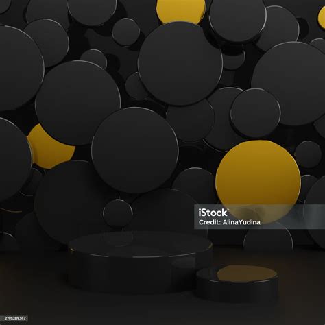 축제 블랙 추상 무대 두 개의 검은 광택 플라스틱 연단 모형 검은 색 장식으로 황금 원 템플릿 3d 일러스트 장식 새해 장면 프리젠 테이션 화장품 상품 광고 3차원 형태에