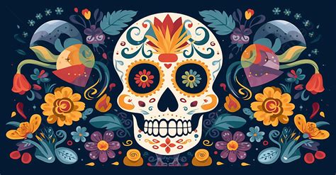 멕시코 죽은 자의 날 두개골 식물 잎 꽃 노란색 배경 일러스트 및 사진 무료 다운로드 Pngtree