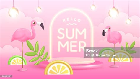 안녕하세요 3d 플라스틱 열대 과일 나뭇잎 플라밍고 네온 텍스트가 있는 여름 포스터입니다 여름 배경입니다 벡터 그림 네온에 대한 스톡 벡터 아트 및 기타 이미지 Istock