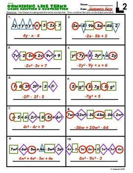 EE Combining Like Terms Using Addition Subtraction Addition And Subtraction Like Terms