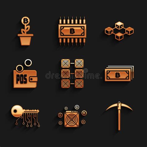 Set Mining Farm Asic Miner Pickaxe Cryptocurrency Bitcoin Key And Proof Of Stake Icon