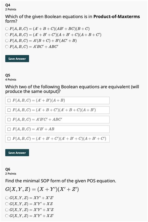 Solved Q4 2 Points Which Of The Given Boolean Equations Is