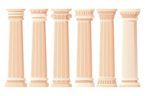 고대 기둥 세트입니다 박물관 및 전시회 만화 그리스 또는 로마 기둥 골동품 장식 요소 흰색에 고립 된 만화 평면 벡터 기둥 건축적 특징에 대한 스톡 벡터 아트 및 기타
