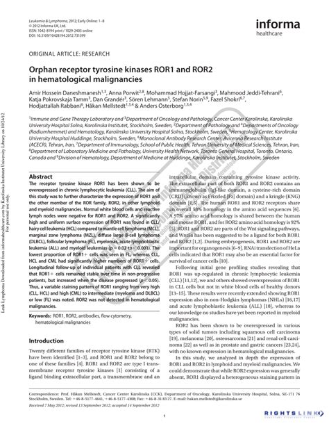 Pdf Orphan Receptor Tyrosine Kinases Ror1 And Ror2 In Hematological