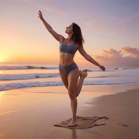 Tall Curvy Brunette Doing Yoga Barefoot On The Beach Silloutted Against