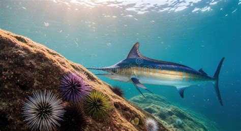 Striking Marlin Gliding Through Azure Waters Near Vibrant Sea Urchins On A Rocky Reef Stock