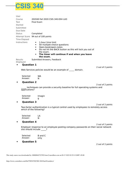 CSIS 340 FINAL EXAM 1 QUESTION AND ANSWERS ALL100 CORRECT GUARANTEED GRADE A CSIS 340