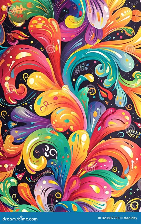 A Painting Of A Colorful Swirly Design On A Black Background Stock