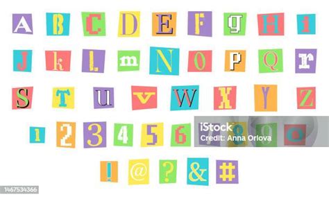 익명의 범죄 편지 숫자 및 구두점은 잡지에서 잘라냅니다 트렌디한 90년대 00년대 사이키델릭 스타일의 클리핑 알파벳 Y2k 미학 1900 1909 년에 대한 스톡 벡터 아트