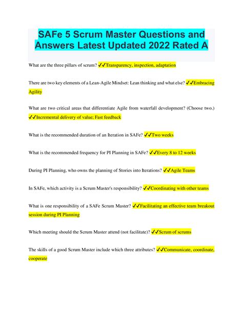 Safe 5 Scrum Master Questions And Answers Latest Updated 2022 Rated A Scholarfriends