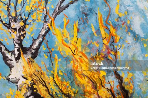 세련 된가을 일러스트 레이 션 현대 아트 워크 내 원래 유화 캔버스 우화 상징적 인 그림 초현실주의 수평 풍경가을 댄스 자작 나무의 모양으로 여성의 그림의 형태로 노란 잎