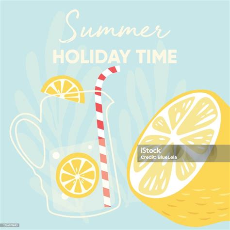 여름 휴가 시간 타이포그래피 슬로건과 밝은 파란색 배경에 신선한 레몬 과일과 레모네이드과일 디자인 다채로운 플랫 벡터
