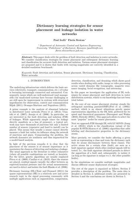 Pdf Dictionary Learning Strategies For Sensor Placement And Leakage Isolation In Water Networks