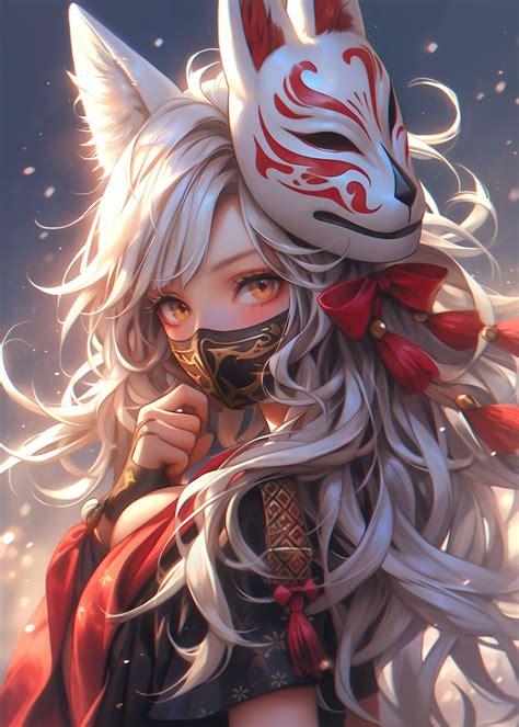 Cute Kitsune Assassin Girl Poster Picture Metal Print Paint By