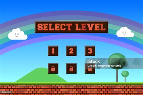 아케이드 어드벤처 게임 레벨 잔디 지형 하늘 구름 숫자가 있는 버튼 잠금 및 레벨 막대 벡터 선택 화면이 있는 화면 선택 개념에 대한 스톡 벡터 아트 및 기타 이미지