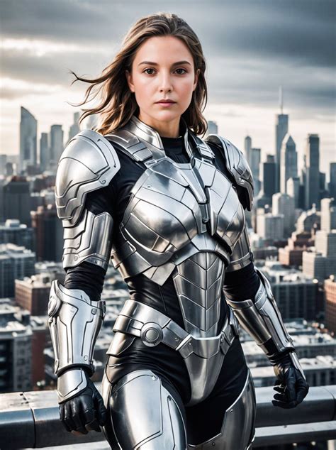 Woman In Futuristic Metallic Armor Against City Skyline