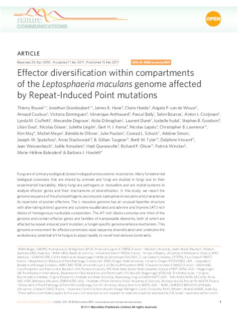 Pdf Effector Diversification Within Compartments Of The Leptosphaeria Maculans Genome Affected