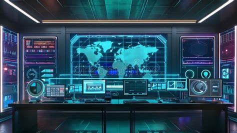 Futuristic Control Room With World Map Display Stock Footage Video Of