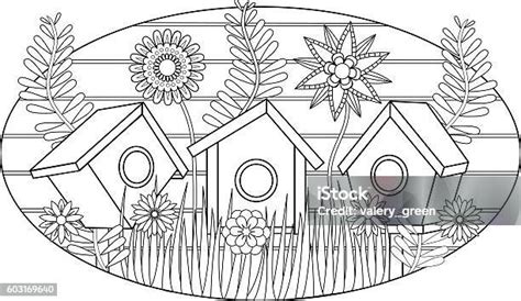정원의 버드 하우스 성인 색칠 공부를위한 벡터 일러스트 레이션 색칠하기에 대한 스톡 벡터 아트 및 기타 이미지 색칠하기 화단 컬러링 북 페이지 일러스트레이션 기법