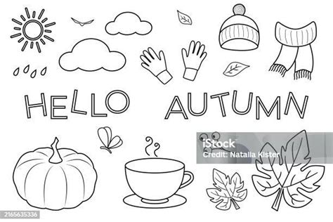 가을 낙서 세트 모자 스카프 장갑 호박 잎 구름의 손으로 그린 벡터 그림 따뜻한 차 한잔 빗방울 따뜻한 옷의 선 스케치 그림 안녕하세요 가을 문자입니다 가을에 대한 스톡