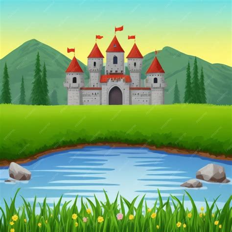 Premium Vector Vactor Castles And Nature Park With River Side Landscape Scene
