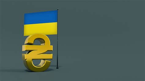 텍스트와 로고를 위한 공간이 있는 중립적인 회색 배경에 우크라이나 국기 앞에 금박을 입힌 그리브냐 기호 금융 개념입니다 세계 통화 3d 렌더링 0명에 대한 스톡 사진 및