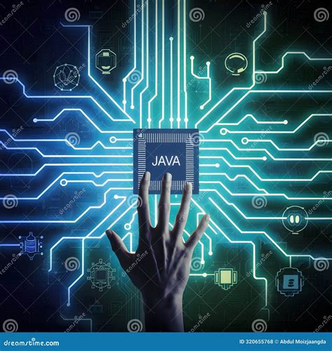 Digitized Hand Reaching For Java Chip Surrounded By Circuit Lines And Symbols On Blue Background Digitized Hand Reaching For Java Chip Surrounded By Circuit Lines And Symbols On Blue Background