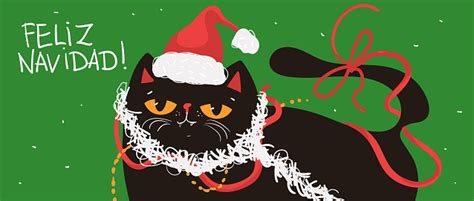 크리스마스 화환을 가진 산타 모자를 쓴 귀여운 검은 고양이 Feliz Navidad 플랫 스타일의 벡터 일러스트 레이 션 0명에 대한 스톡 벡터 아트 및 기타 이미지