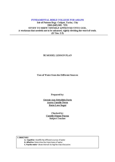 Lesson Plan Fundamental Bible College For Asians Isle Of Patmos Brgy