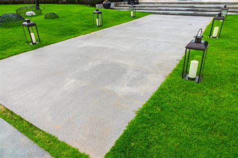 The Walk Path In The Park With Green Grass Stock Image Image Of