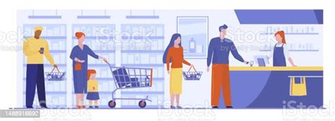 식료품을 들고 줄을 서 있는 사람들 벡터 일러스트레이션 가방에 대한 스톡 벡터 아트 및 기타 이미지 가방 개념 계산원 Istock