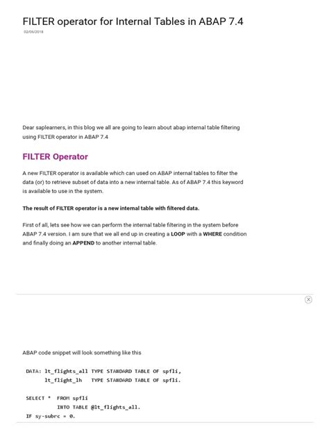 Filter Operator For Internal Tables In Abap 74 Download Free Pdf