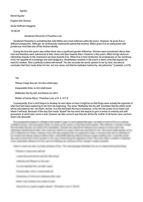 SOLUTION Gendered Hierarchy In Paradise Lost Gendered Hierarchy Is Something That John Milton